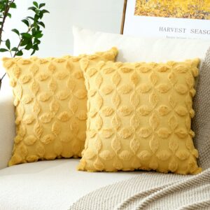 otostar set of 2 soft plush short wool velvet decorative throw pillow covers with 3d flower pattern cushion covers - couch sofa pillow covers for living room - yellow 18x18 inch