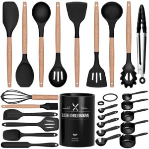 kitchen utensils set, 26 pcs non-stick silicone cooking utensils spatula set with holder, sturdy wooden handle, heat resistance silicone kitchen gadgets utensils set, black