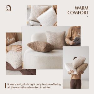 Foindtower 2 Pieces Faux Fur Throw Pillow Cover Decorative Sherpa Pillow Fuzzy Accent Pillowcases Soft Sheepskin Fleece Cushion Case for Bed Couch Living Room 18x18 Inch Light Khaki