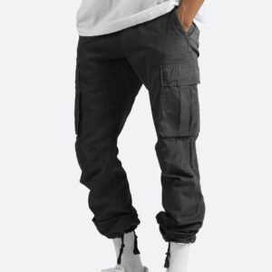 Men's Heavyweight Cargo Fleece Sweatpants Stretch Elastic Waist Multiple Pockets Sports Pants Fitness Sports Trousers Black