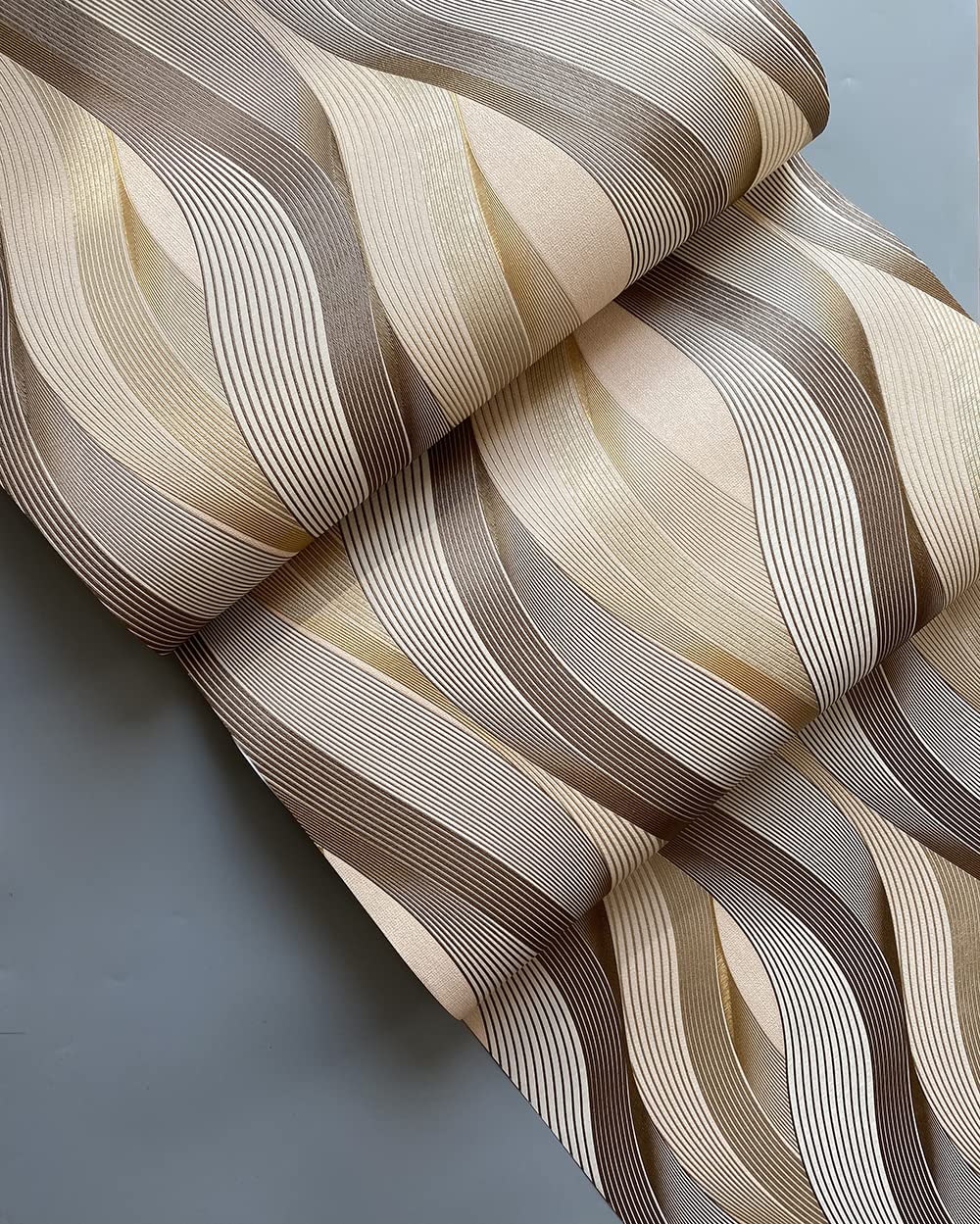 3D Wave Stripe Wallpaper Beige Embossed Vinly Non-Pasted Waterproof Wall Covering 374.00”x 20.8” [ Not Peel and Stick ]