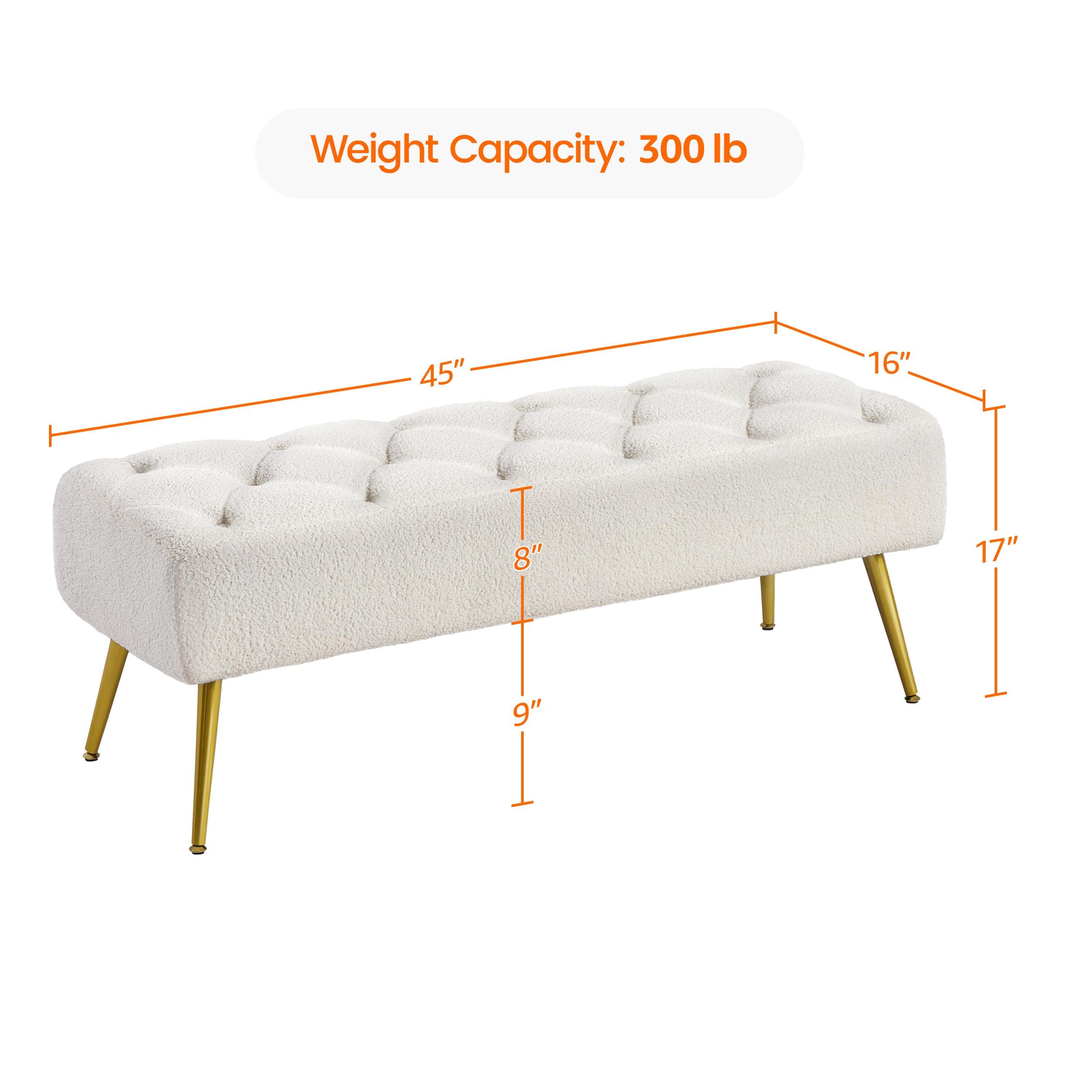 Yaheetech Modern Ottoman Bench Boucle Bench Upholstered Footrest for Living Room with Gold Metal Legs and Padded Seat Ivory