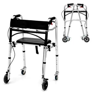 goplus walkers for seniors, 4-in-1 folding walker with 5’’ wheels, detachable seat, height adjustable stand up walker, medical walking mobility aid, 350lbs rolling walker for adult bariatric handicap