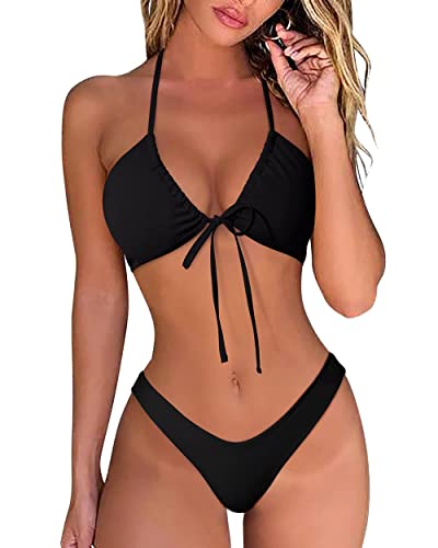 OMKAGI Sexy Thong Bikini Set for Women Swimsuit Push Up String Brazilian Bathing Suits(M, Black)