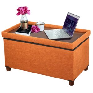 ao lei 30 inches storage ottoman bench, storage bench with wooden legs for living room ottoman foot rest removeable lid for bedroom end of bed, linen fabric, orange