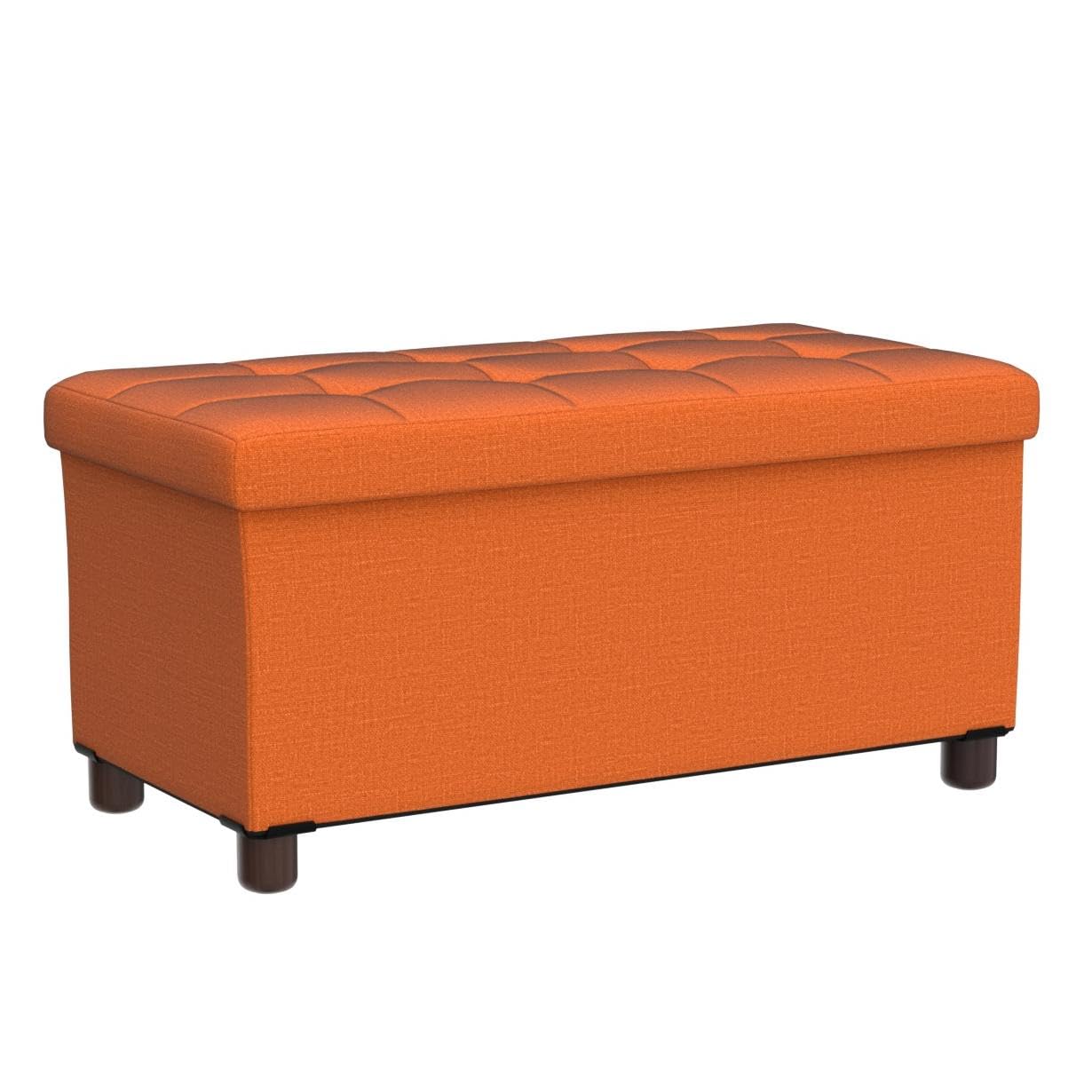 Ao Lei 30 Inches Storage Ottoman Bench, Storage Bench with Wooden Legs for Living Room Ottoman Foot Rest Removeable Lid for Bedroom End of Bed, Linen Fabric, Orange