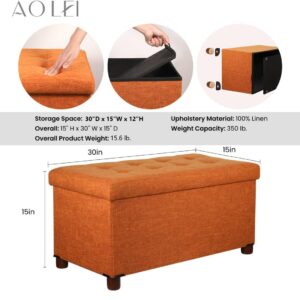 Ao Lei 30 Inches Storage Ottoman Bench, Storage Bench with Wooden Legs for Living Room Ottoman Foot Rest Removeable Lid for Bedroom End of Bed, Linen Fabric, Orange