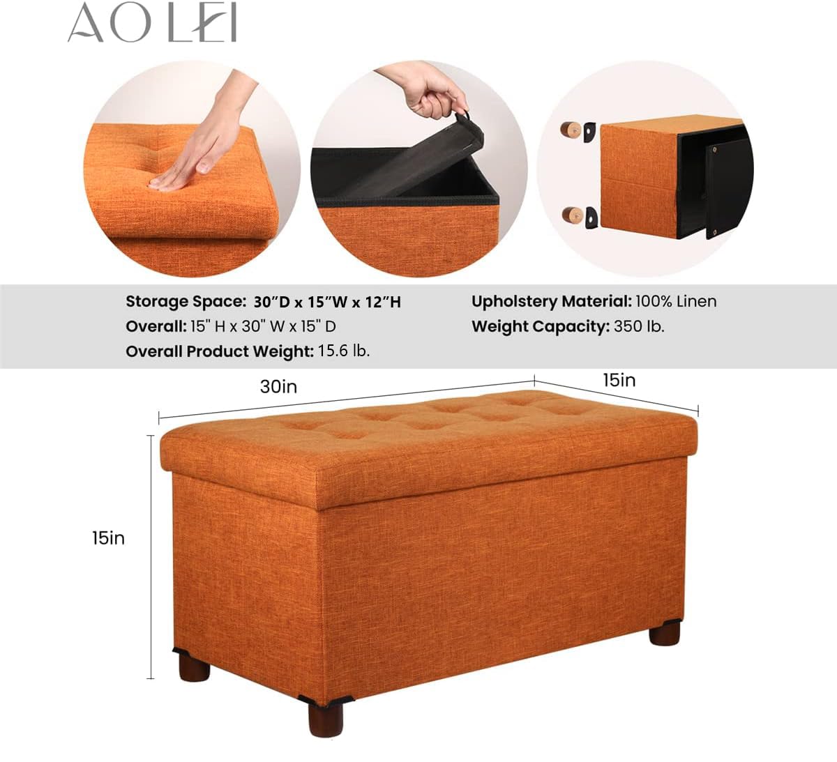 Ao Lei 30 Inches Storage Ottoman Bench, Storage Bench with Wooden Legs for Living Room Ottoman Foot Rest Removeable Lid for Bedroom End of Bed, Linen Fabric, Orange