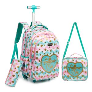 meetbelify girls rolling backpack kids backpacks with wheels travel luggage for elementary students trip suitcase with lunch box for school