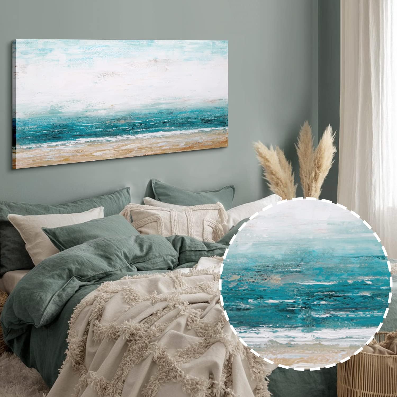 AIYISU Blue Abstract Canvas Oil Painting Wall Art Ocean Beach Hand Painted Wall Art Seascape Picture Textured Wall Decor Coastal Landscape Artwork for Living Room Bedroom Office Home Decoration 24x48