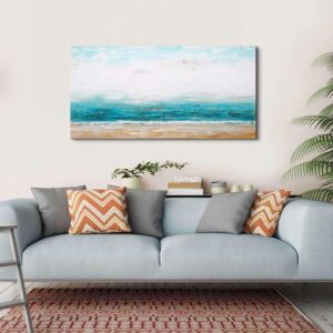 AIYISU Blue Abstract Canvas Oil Painting Wall Art Ocean Beach Hand Painted Wall Art Seascape Picture Textured Wall Decor Coastal Landscape Artwork for Living Room Bedroom Office Home Decoration 24x48