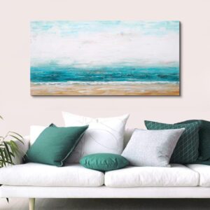 AIYISU Blue Abstract Canvas Oil Painting Wall Art Ocean Beach Hand Painted Wall Art Seascape Picture Textured Wall Decor Coastal Landscape Artwork for Living Room Bedroom Office Home Decoration 24x48