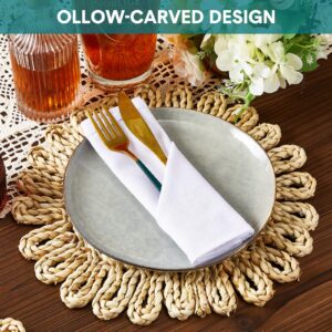 Zopeal 16 Pieces 11 Inches Woven Round Placemats Rattan Chargers Wicker Boho Placemats Natural Braided Table Mats Corn Husk Place Mats Wicker Charger Plates for Wedding(Hollow)