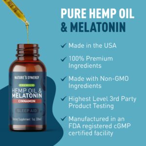 Nature's Synergy Melatonin & Hemp Oil Liquid Sleep Support Drops with Omega 3 6 9 for Joint Support, Overall Health, Helps Promote Healthy Sleep Patterns, Natural Cinnamon Flavor, Non GMO, 1 Oz Bottle