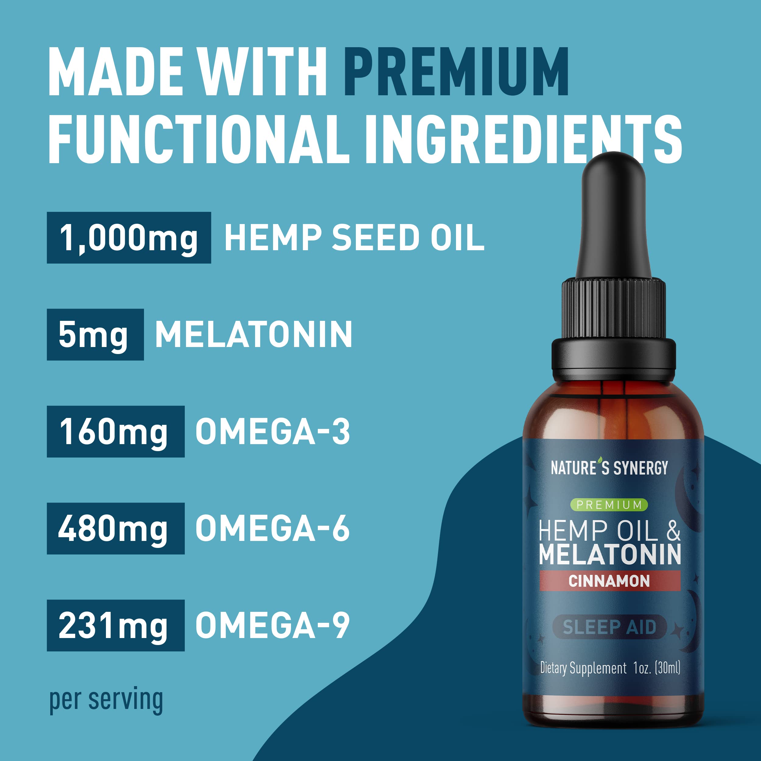 Nature's Synergy Melatonin & Hemp Oil Liquid Sleep Support Drops with Omega 3 6 9 for Joint Support, Overall Health, Helps Promote Healthy Sleep Patterns, Natural Cinnamon Flavor, Non GMO, 1 Oz Bottle