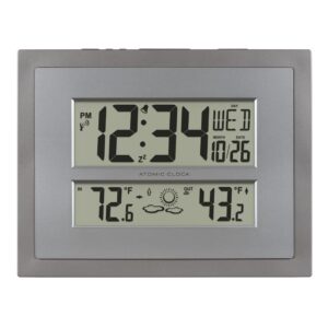 la crosse technology 512-85937-int atomic digital wall clock with temperature & forecast in gray/silver