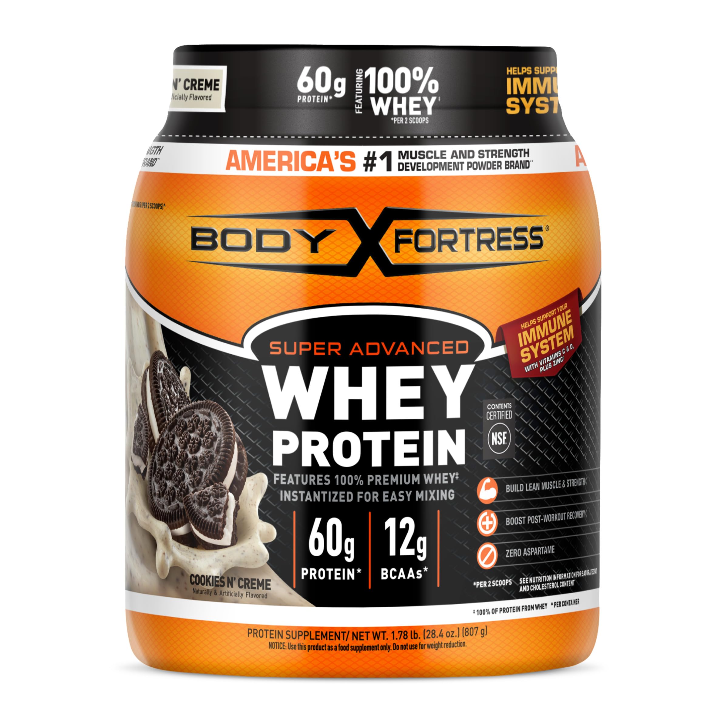 Body Fortress Super Advanced Whey Protein Powder, Cookies N’ Creme, 60g Protein & 12g BCAAs Per 2 Scoops, Muscle Gain & Recovery, Immune Support with Vitamins C & D, 1.78lbs (Packaging May Vary)