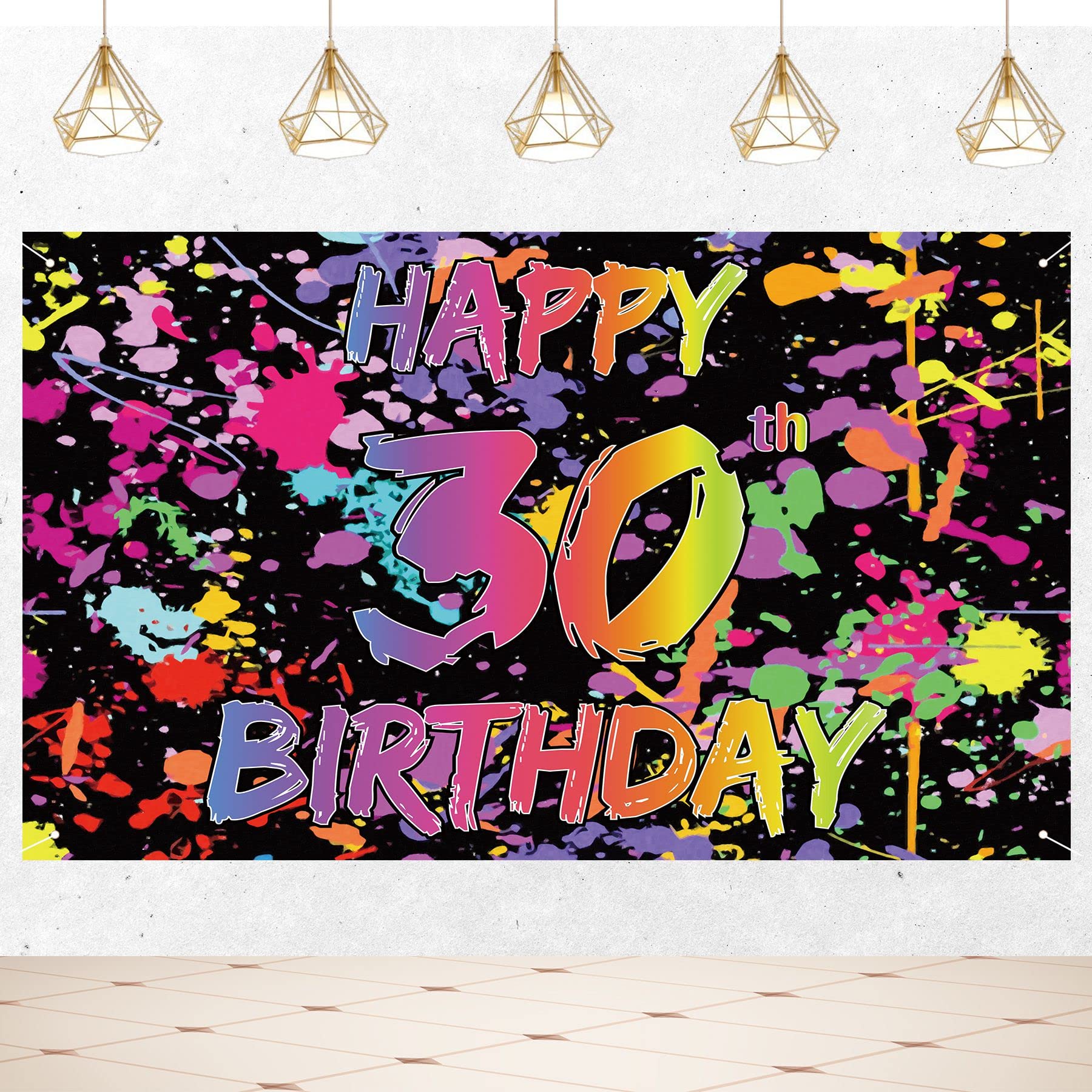 Neno Glow in The Dark 30th Birthday Decorations Backdrop Banner for Girls Boys, Paint Splatter Graffiti Party Sign Supplies, Light Sleppover Party Photo Booth Props for Outdoor Indoor (5 * 3 ft)