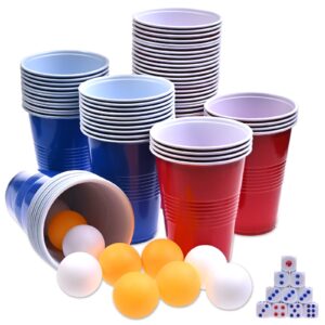 goldge 16 oz plastic party cups in red and blue (60 pack) with 10 pack ping pong balls, cup pong game set for drinks, soda, punch, barbecues, picnics - stock your home