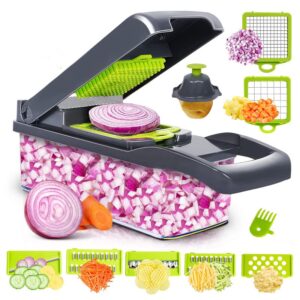 vegetable chopper, multifunctional 12 in 1 food chopper veggie chopper onion chopper vegetable slicer mandolin slicer for kitchen vegetable chopper with container 8 blades garlic chopper slicer