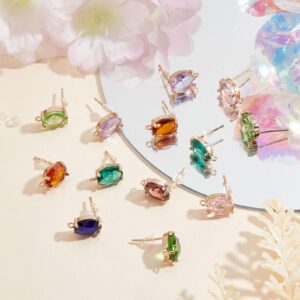 SUPERFINDINGS 16Pcs 8 Colors Brass Stud Earring Findings with Glass Gold CZ Earring Findings Oval Ear Piercing Plugs with Loop for Dangle Earring Jewelry Making,Hole: 1.2mm, Pin: 0.6~0.7mm