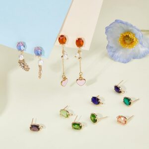 SUPERFINDINGS 16Pcs 8 Colors Brass Stud Earring Findings with Glass Gold CZ Earring Findings Oval Ear Piercing Plugs with Loop for Dangle Earring Jewelry Making,Hole: 1.2mm, Pin: 0.6~0.7mm