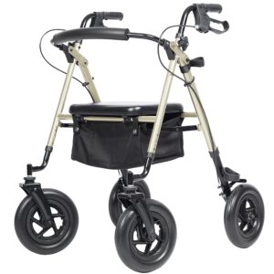 elenker all-terrain rollator walker with 10” rubber wheels, padded seat & backrest, under-seat basket for seniors (champagne)