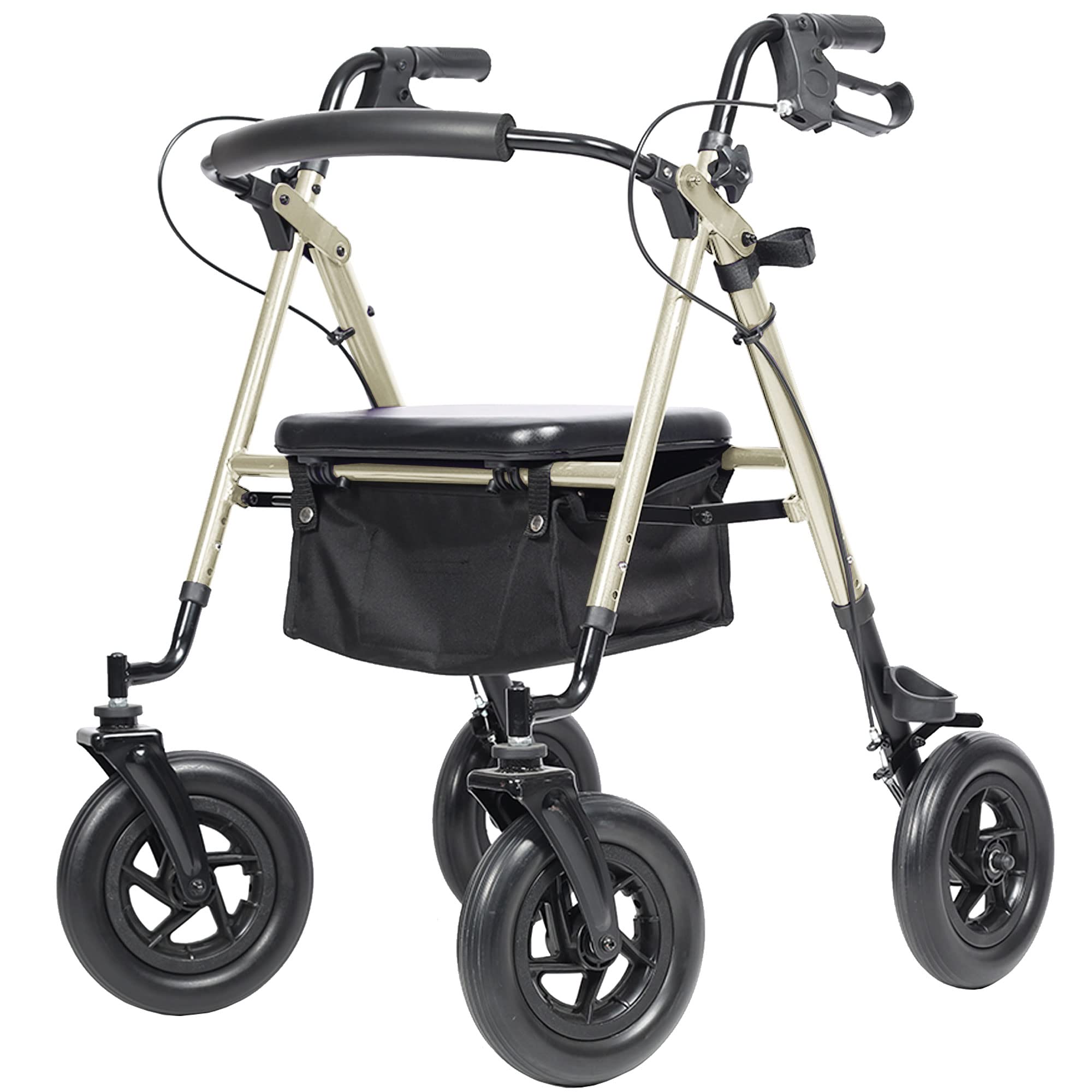 ELENKER All-Terrain Rollator Walker with 10” Rubber Wheels, Padded Seat & Backrest, Under-seat Basket for Seniors (Champagne)