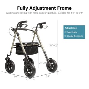 ELENKER All-Terrain Rollator Walker with 10” Rubber Wheels, Padded Seat & Backrest, Under-seat Basket for Seniors (Champagne)