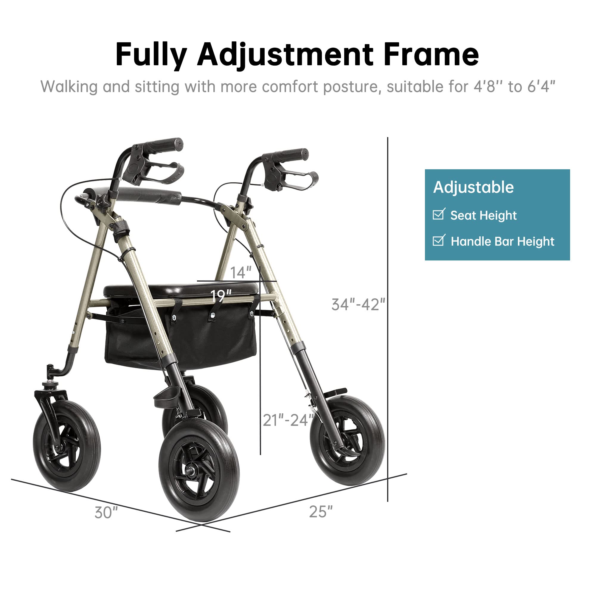 ELENKER All-Terrain Rollator Walker with 10” Rubber Wheels, Padded Seat & Backrest, Under-seat Basket for Seniors (Champagne)