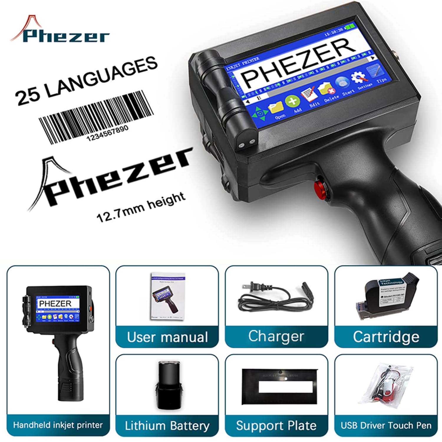 Phezer P15 Handheld Inkjet Printer for Any Surface 0.5 Inch Nozzle for QRCode Barcode Production Date Time Logo Batch Number Print On Glass Bag Carton Box Wood Cloth Plastic Cable (25 Languages)