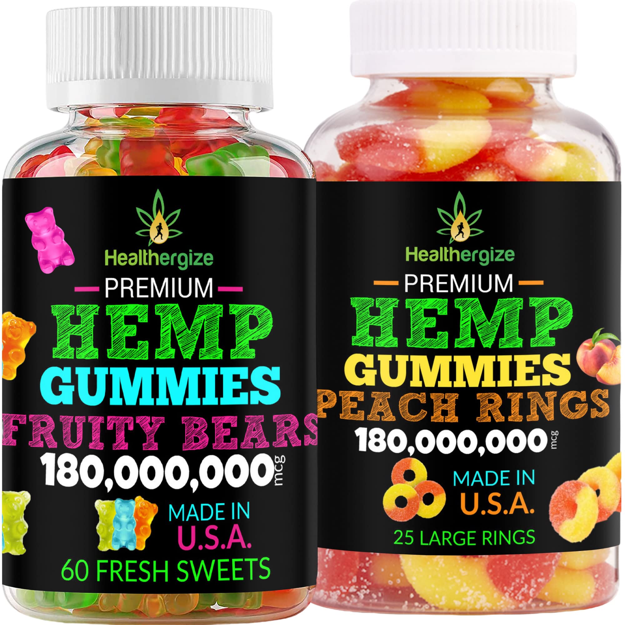 2PACK Hemp Gummies-Fresh Fruity Bears and Delicious Hemp Gummy Peach-for Sleep, Calm and Relax-Inflammation Natural Hemp Party-Made in USA