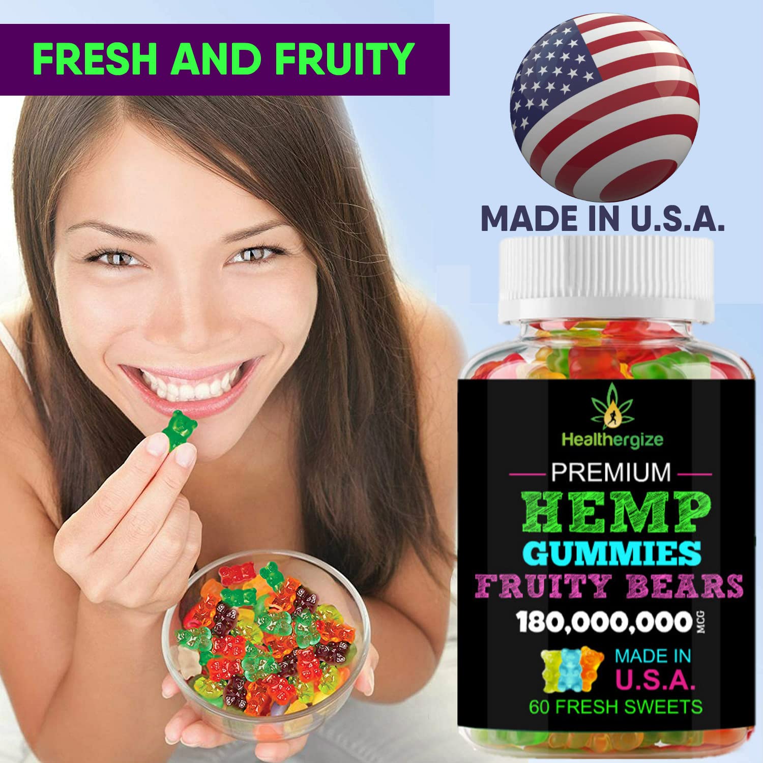 2PACK Hemp Gummies-Fresh Fruity Bears and Delicious Hemp Gummy Peach-for Sleep, Calm and Relax-Inflammation Natural Hemp Party-Made in USA