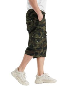 best south men's capri long twill cargo shorts below knee 13 inches cotton relaxed fit casual multi-pocket army green camo 36