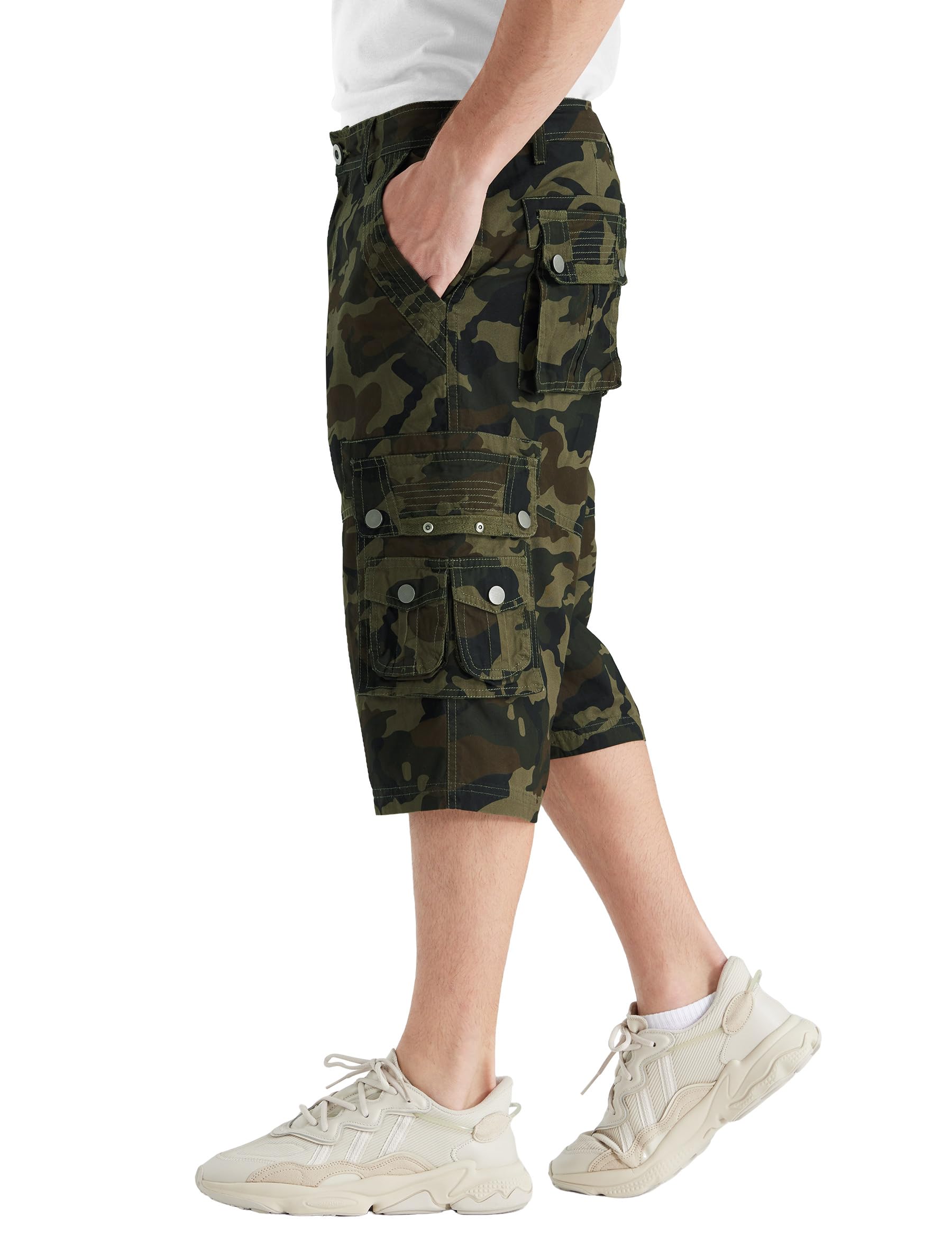 BEST SOUTH Men's Capri Long Twill Cargo Shorts below Knee 13 Inches Cotton Relaxed Fit Casual Multi-Pocket Army Green Camo 36