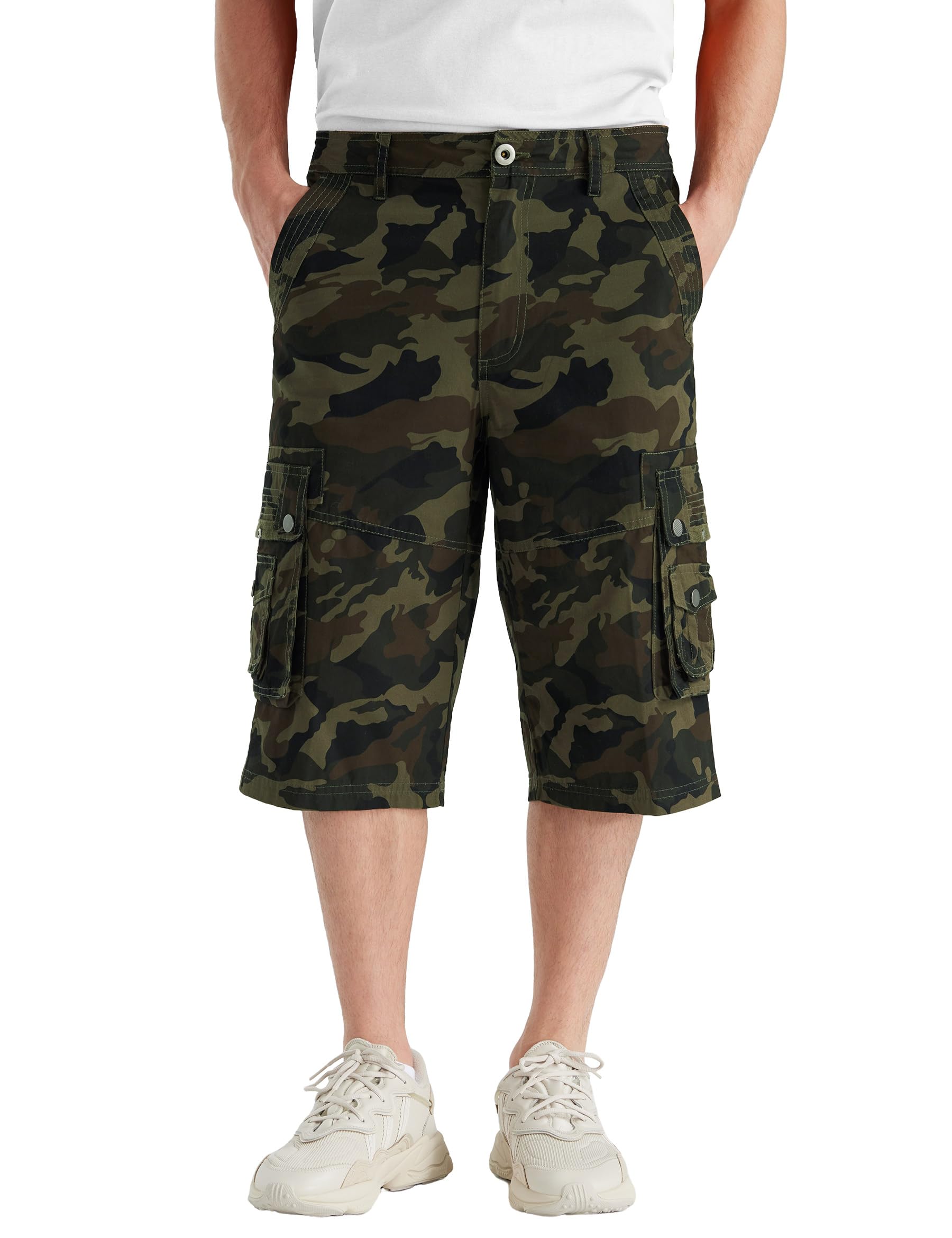 BEST SOUTH Men's Capri Long Twill Cargo Shorts below Knee 13 Inches Cotton Relaxed Fit Casual Multi-Pocket Army Green Camo 36