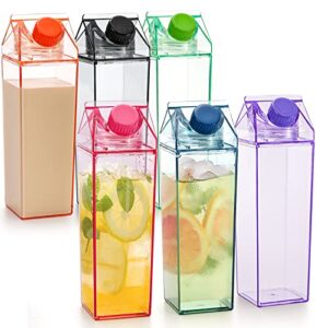 yarlung set of 6 plastic milk carton colorful clear water bottle, 17 oz portable milk box leakproof square juice bottle for outdoor sports travel camping