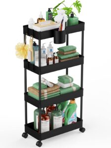 lehom slim rolling storage cart - 4 tiers bathroom organizer utility cart slide out storage shelves mobile shelving unit for kitchen, bedroom, office, laundry room, small narrow spaces black