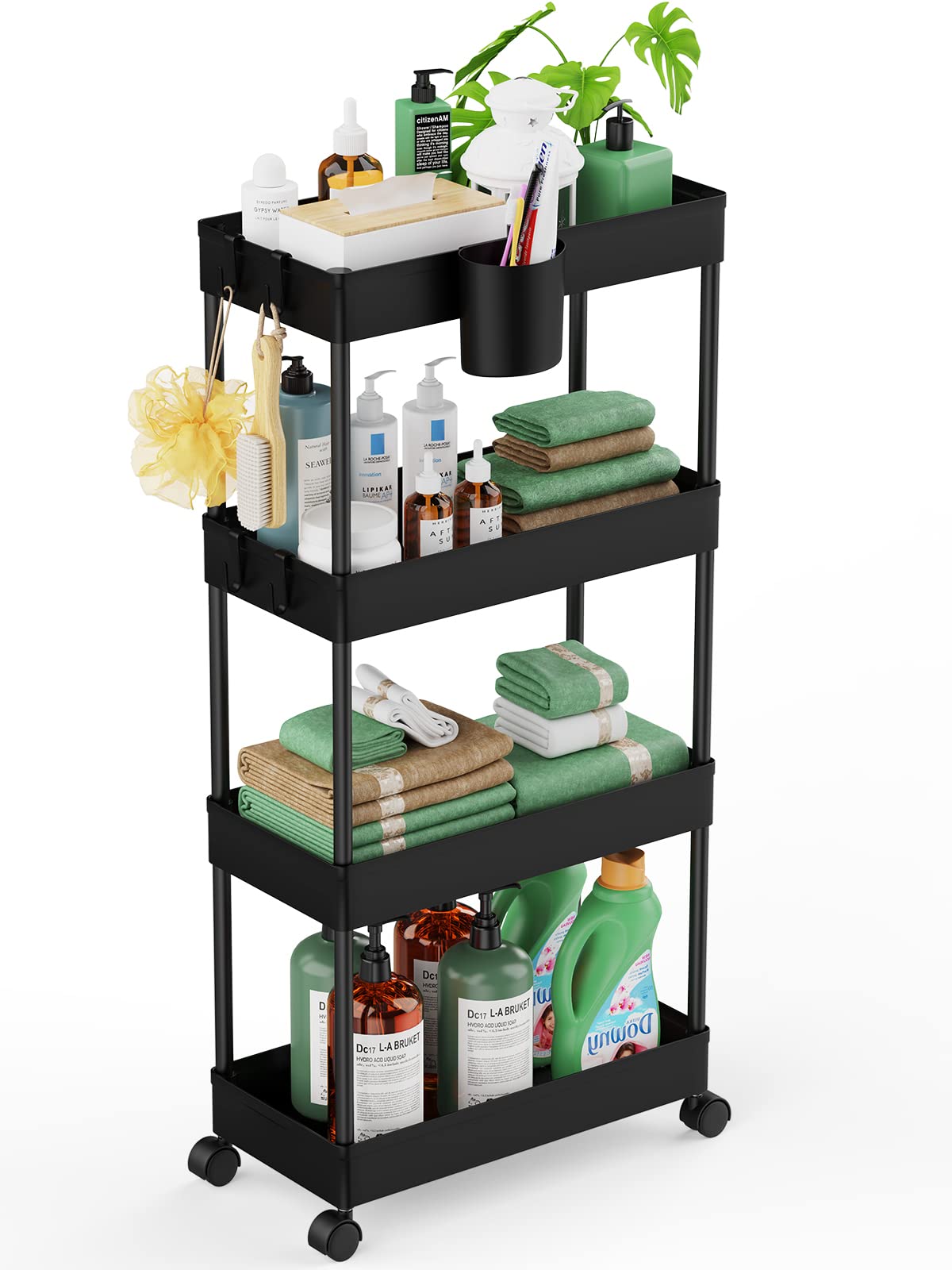 LEHOM Slim Rolling Storage Cart - 4 Tiers Bathroom Organizer Utility Cart Slide Out Storage Shelves Mobile Shelving Unit for Kitchen, Bedroom, Office, Laundry Room, Small Narrow Spaces Black