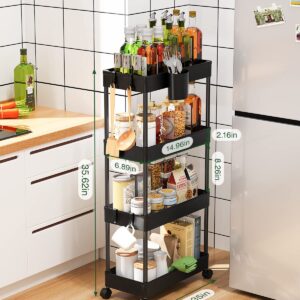 LEHOM Slim Rolling Storage Cart - 4 Tiers Bathroom Organizer Utility Cart Slide Out Storage Shelves Mobile Shelving Unit for Kitchen, Bedroom, Office, Laundry Room, Small Narrow Spaces Black