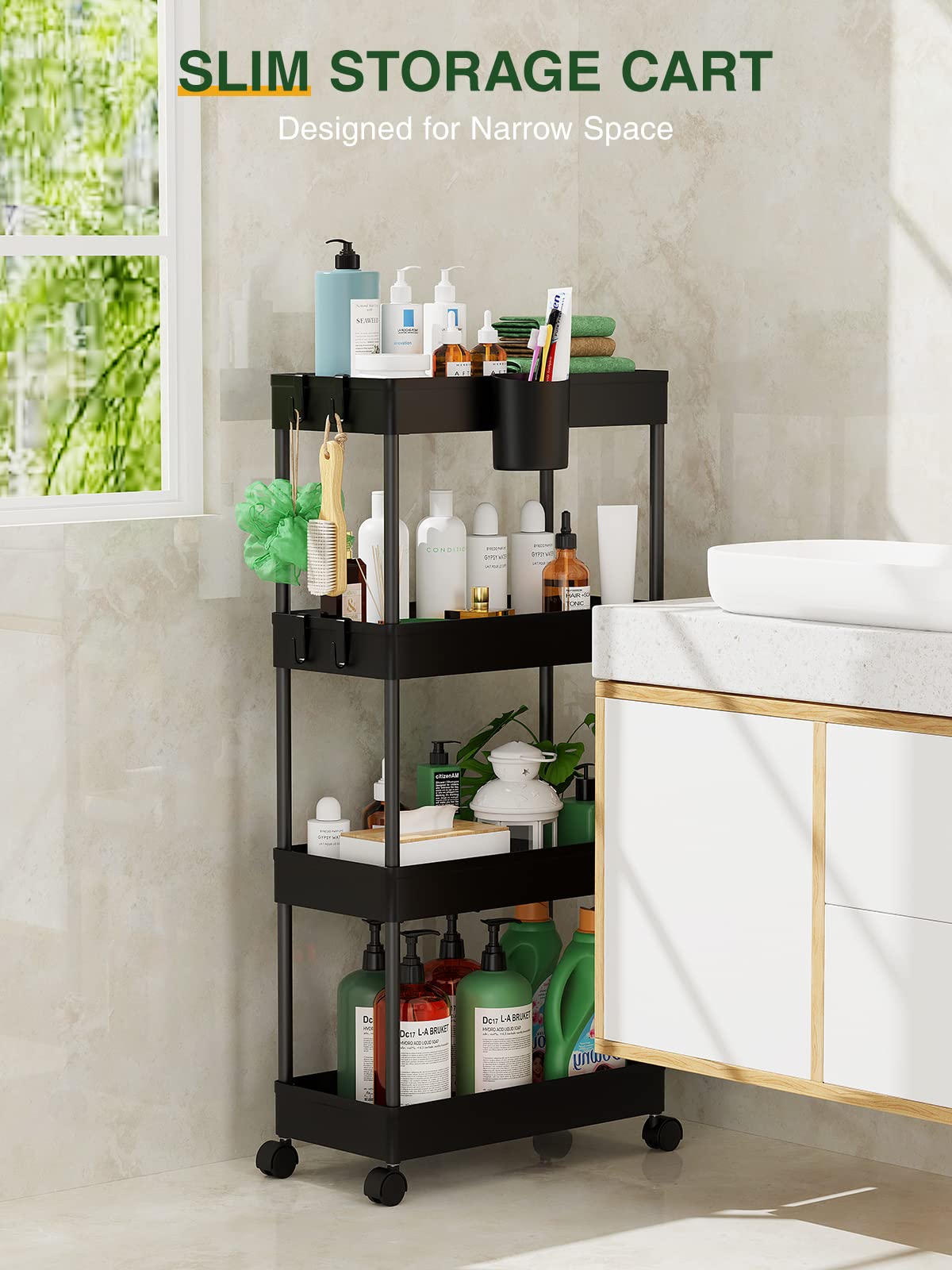 LEHOM Slim Rolling Storage Cart - 4 Tiers Bathroom Organizer Utility Cart Slide Out Storage Shelves Mobile Shelving Unit for Kitchen, Bedroom, Office, Laundry Room, Small Narrow Spaces Black