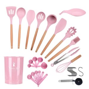 silicone cooking utensils 35 piece set, onatismagin kitchen utensil set heat resistant non-stick cookware with wooden handle suitable for household necessities spatula spoon set (pink)