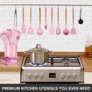 Silicone Cooking Utensils 35 Piece Set, ONATISMAGIN Kitchen Utensil Set Heat Resistant Non-Stick Cookware with Wooden Handle Suitable for Household Necessities Spatula Spoon Set (Pink)