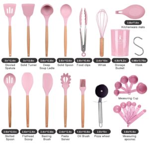 Silicone Cooking Utensils 35 Piece Set, ONATISMAGIN Kitchen Utensil Set Heat Resistant Non-Stick Cookware with Wooden Handle Suitable for Household Necessities Spatula Spoon Set (Pink)