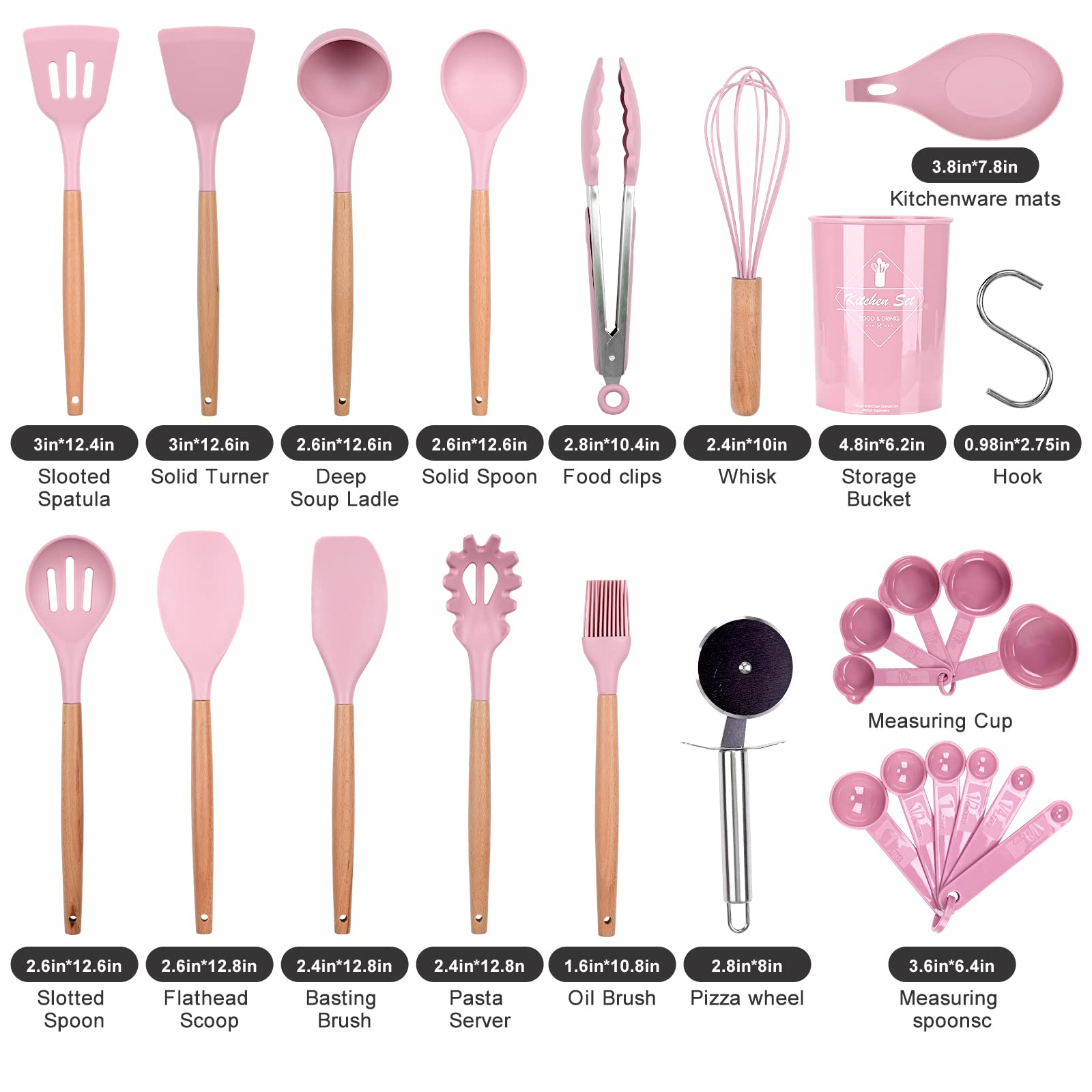 Silicone Cooking Utensils 35 Piece Set, ONATISMAGIN Kitchen Utensil Set Heat Resistant Non-Stick Cookware with Wooden Handle Suitable for Household Necessities Spatula Spoon Set (Pink)