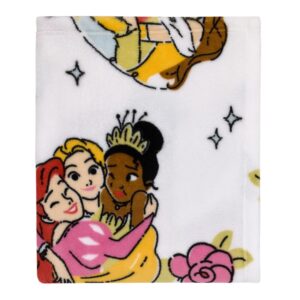 disney princesses courage and kindness pink, blue and white ariel, rapunzel, tiana, cinderella, mulan, and belle super soft toddler blanket