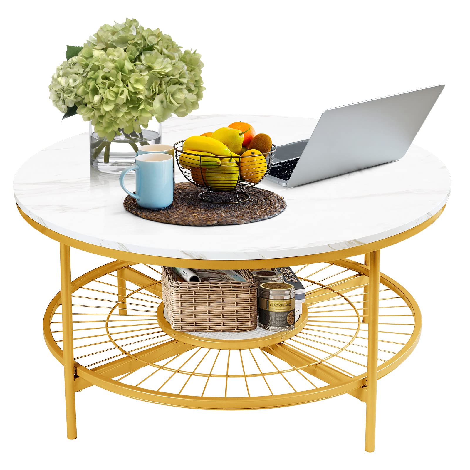 Round Coffee Table for Living Room, Modern Coffee Table with Sun Shape Circle Open Storage,Marble Wooden Tabletop and Sturdy Metal Frame, White and Gold 35.5