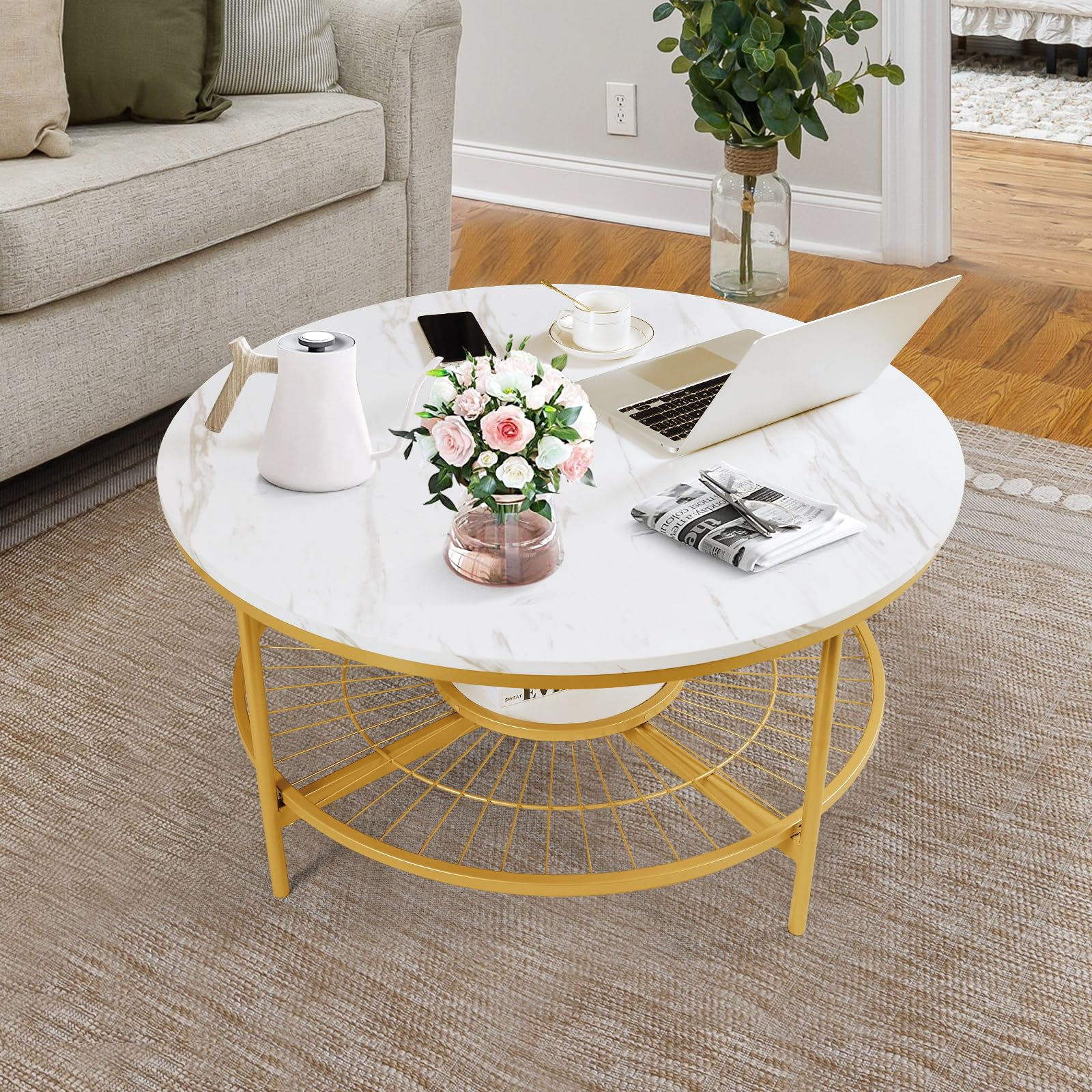 Round Coffee Table for Living Room, Modern Coffee Table with Sun Shape Circle Open Storage,Marble Wooden Tabletop and Sturdy Metal Frame, White and Gold 35.5