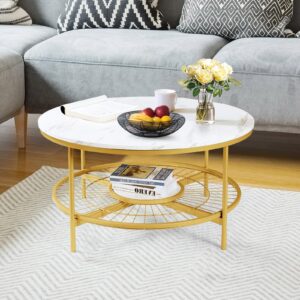 Round Coffee Table for Living Room, Modern Coffee Table with Sun Shape Circle Open Storage,Marble Wooden Tabletop and Sturdy Metal Frame, White and Gold 35.5