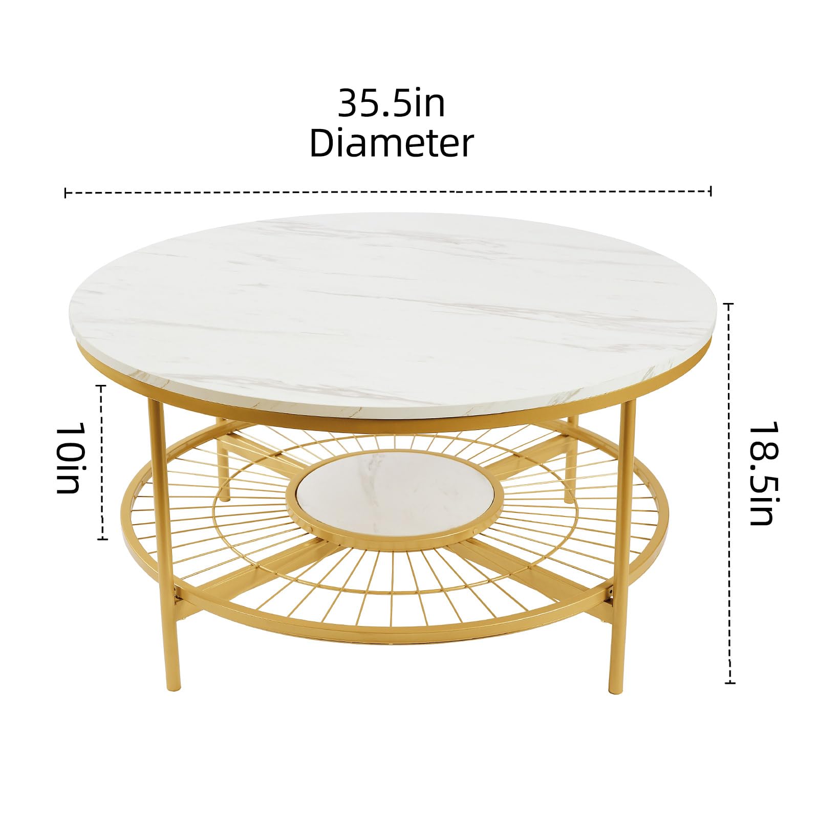 Round Coffee Table for Living Room, Modern Coffee Table with Sun Shape Circle Open Storage,Marble Wooden Tabletop and Sturdy Metal Frame, White and Gold 35.5